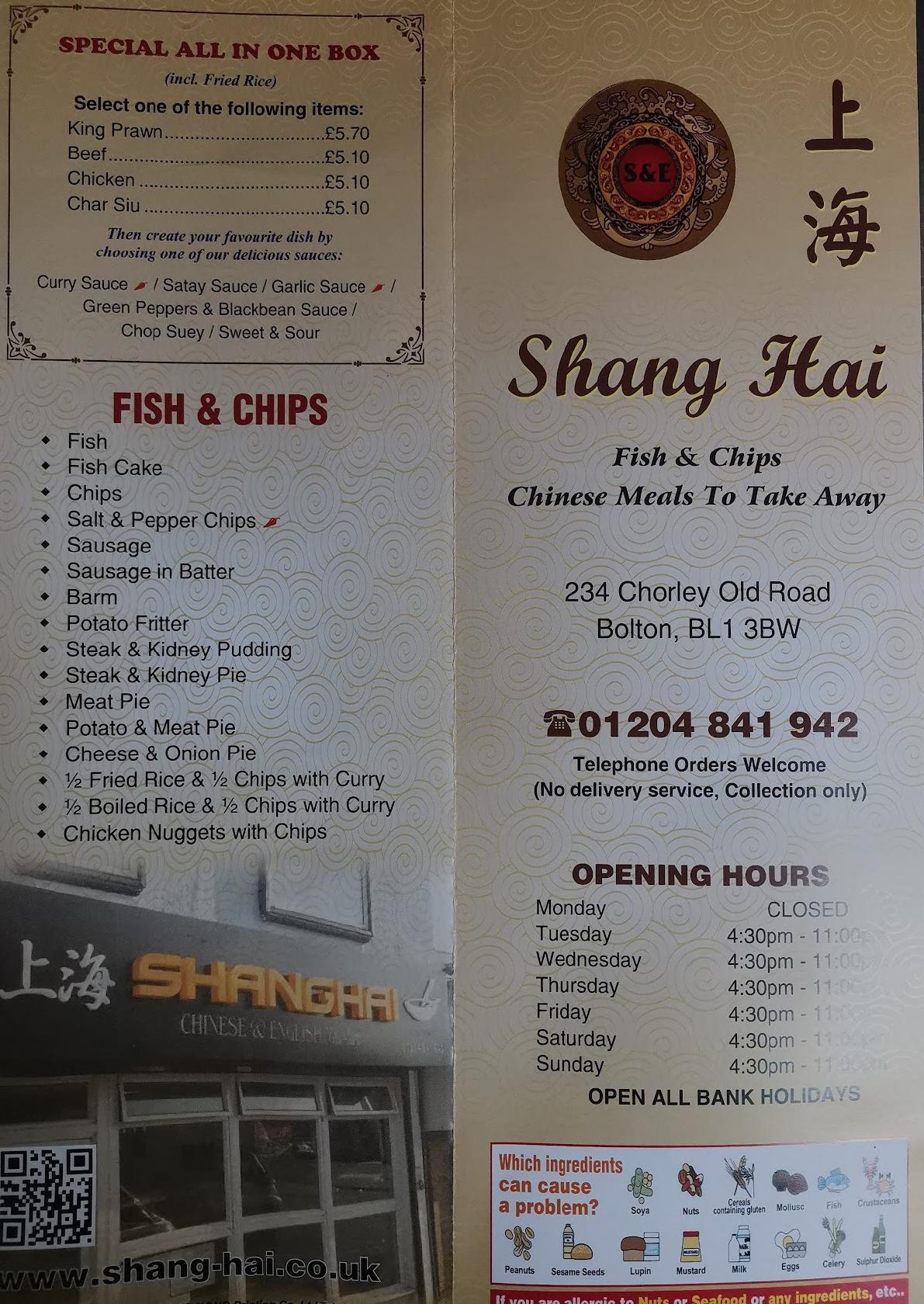 Menu at Shanghai Chinese takeaway fast food, Bolton