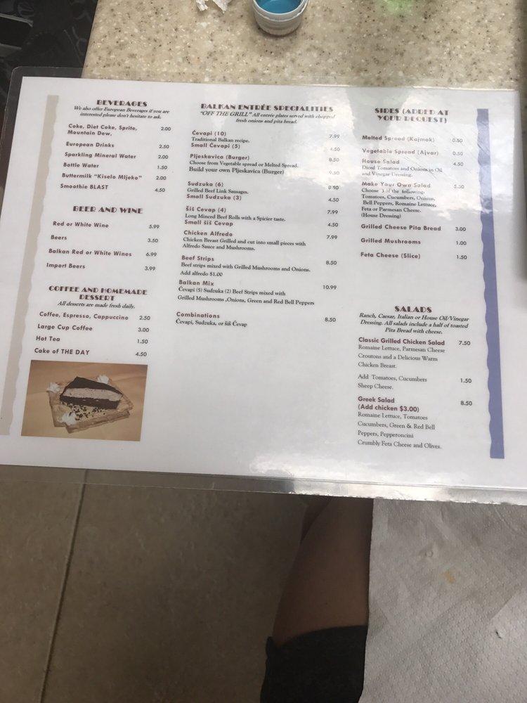 Menu at Balkan Cafe, Jacksonville
