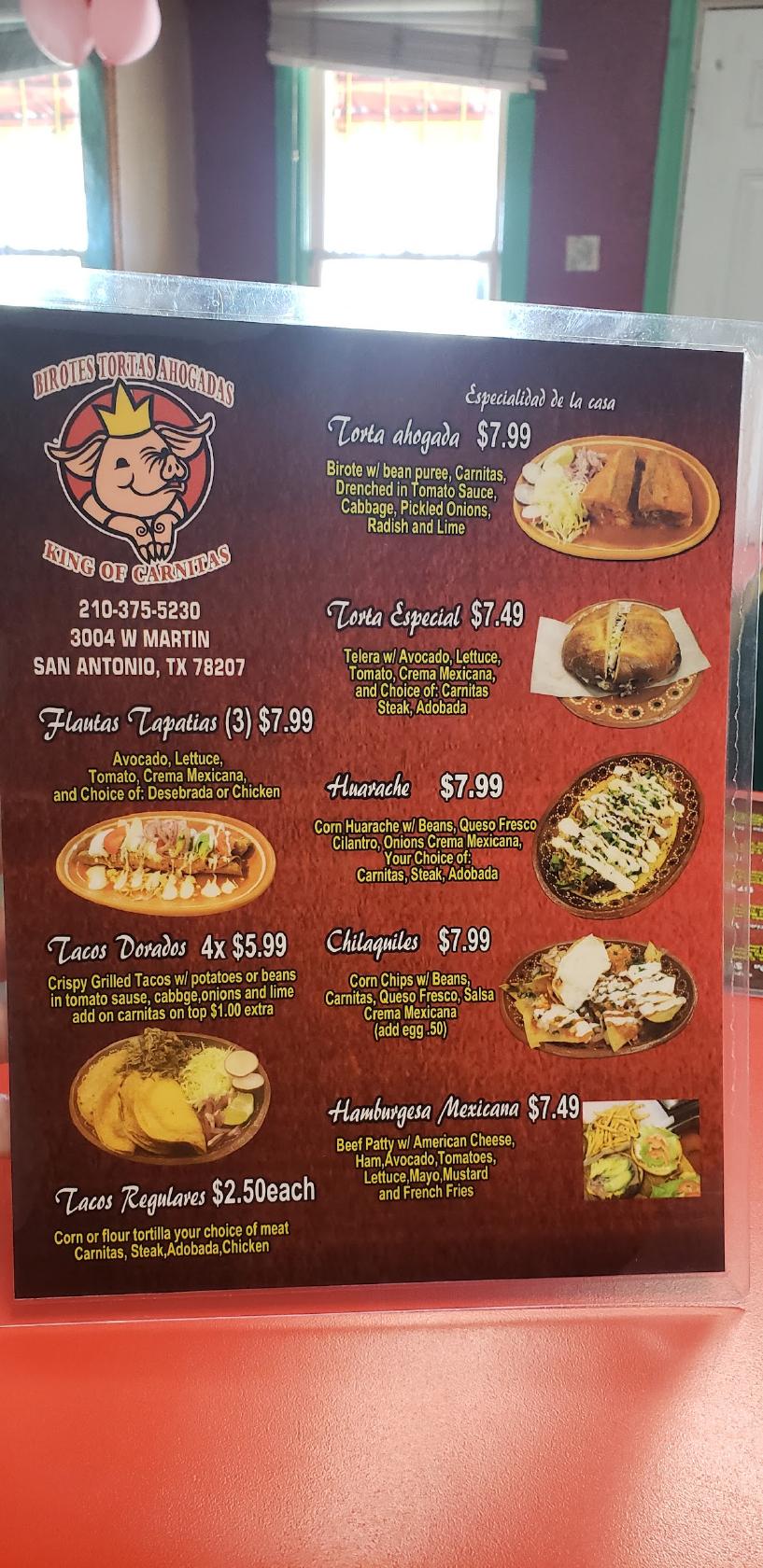 Menu at Birotes Tortas Ahogadas restaurant, San Antonio