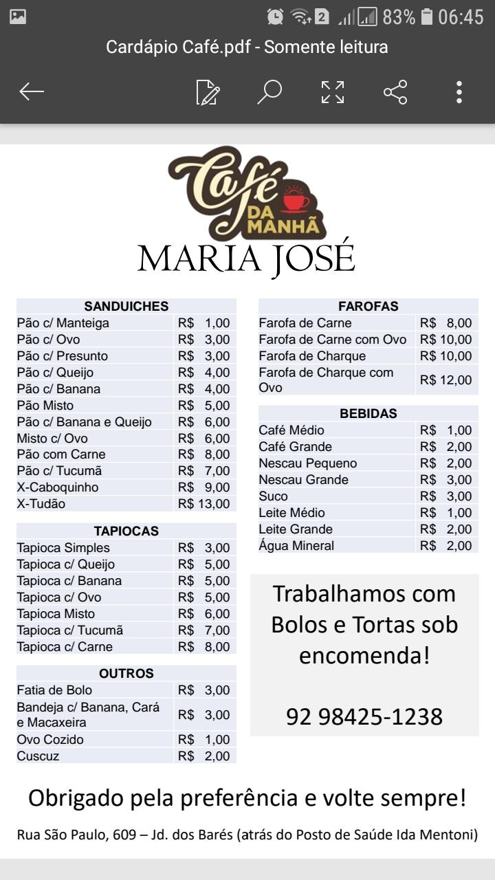Menu at Café da manhã Maria José, Manaus