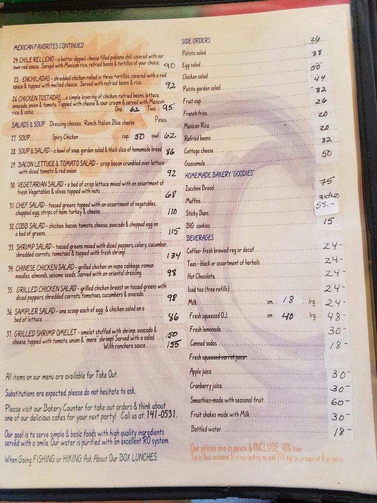 Menu at Caleb's Cafe, Los Barriles