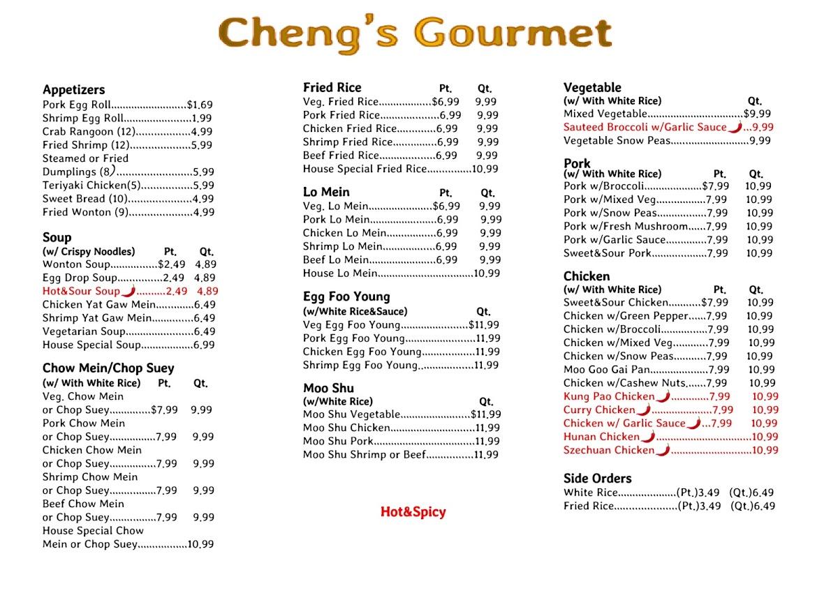 Menu at Cheng's Gourmet restaurant, Mount Gilead