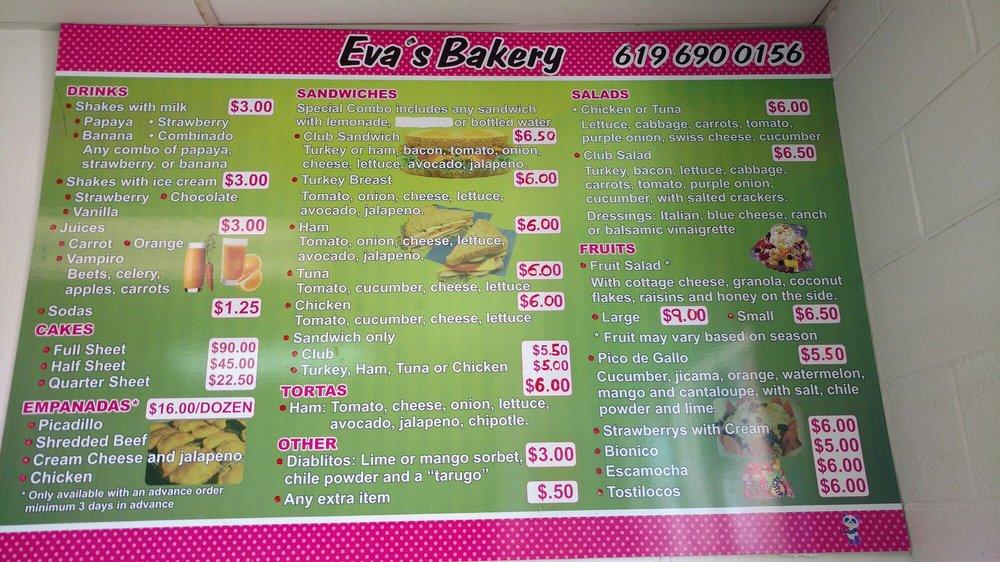 Menu at Eva's Bakery, San Diego