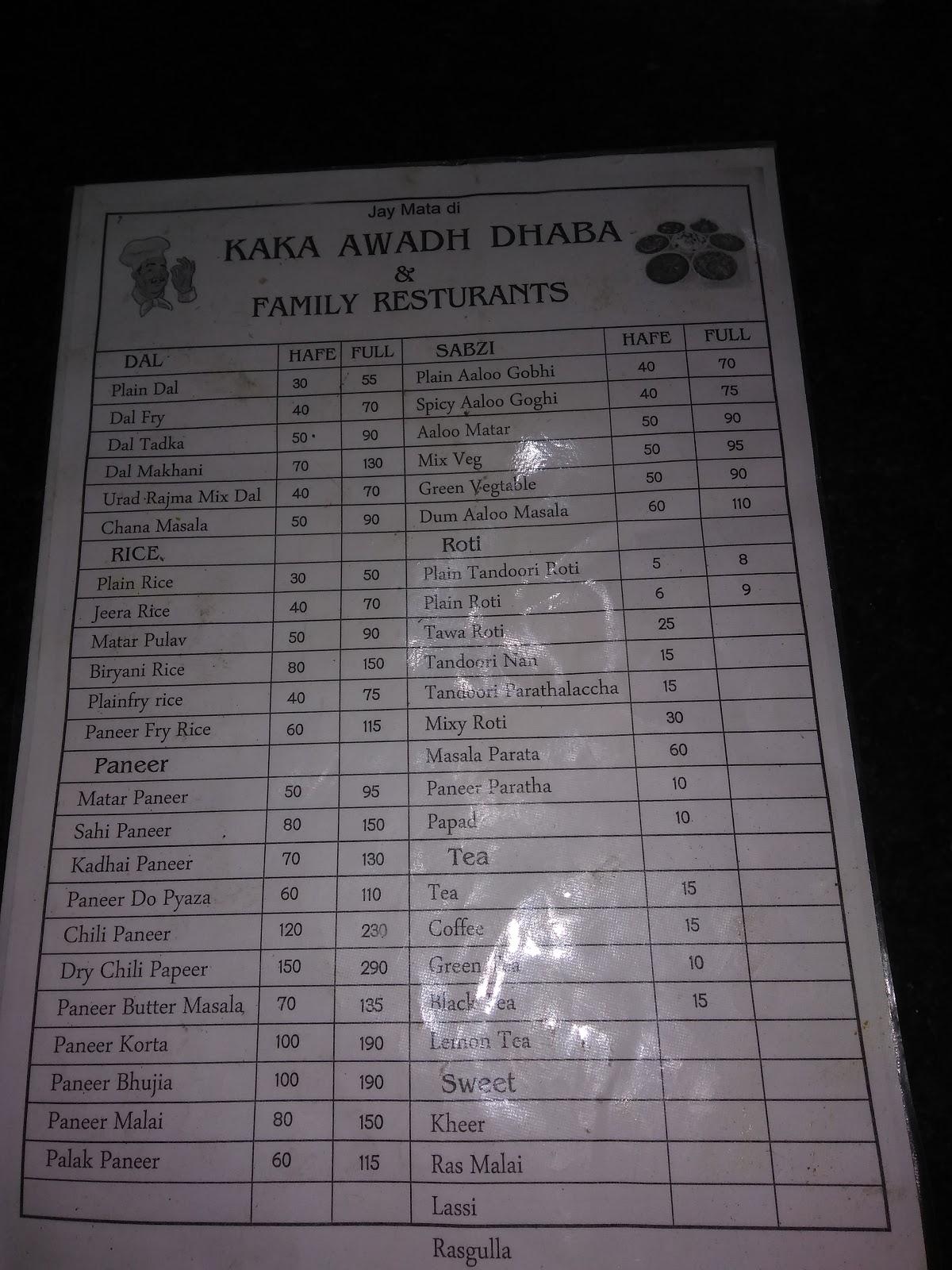 Menu at Kaka Awadh Dhaba And Family Restaurant, India