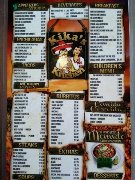 Menu at Kikas Kitchen restaurant, El Paso