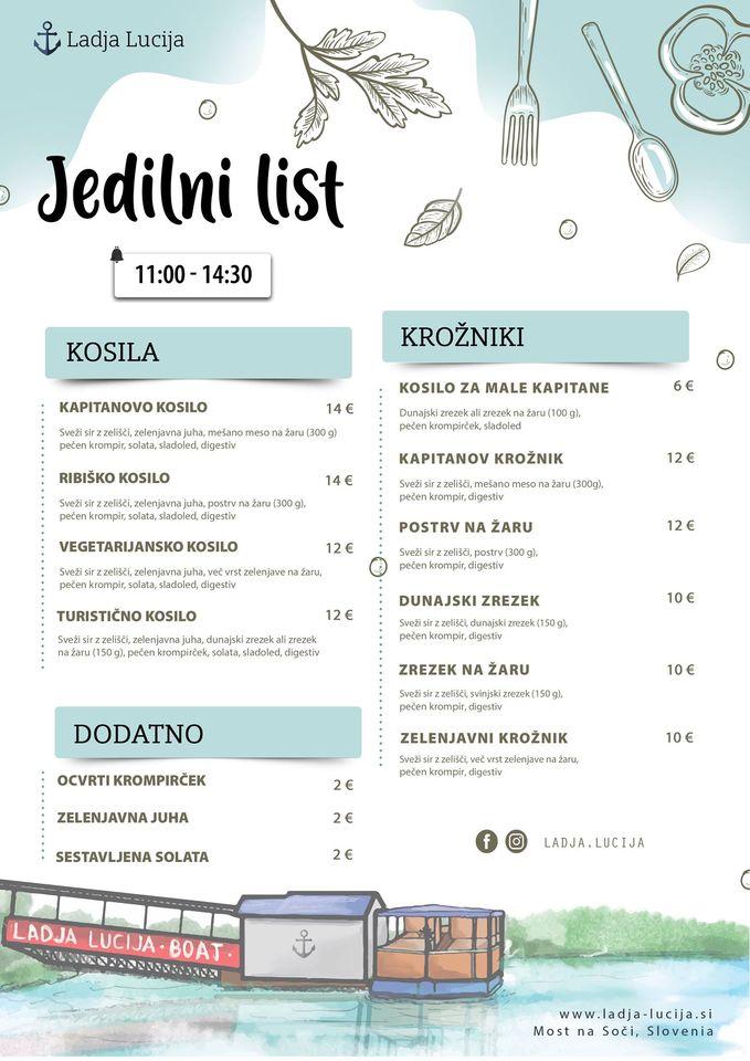 Menu at Ladja Lucija restaurant, Most na Soči