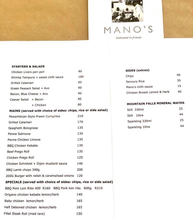 Menu at Mano's restaurant, Cape Town