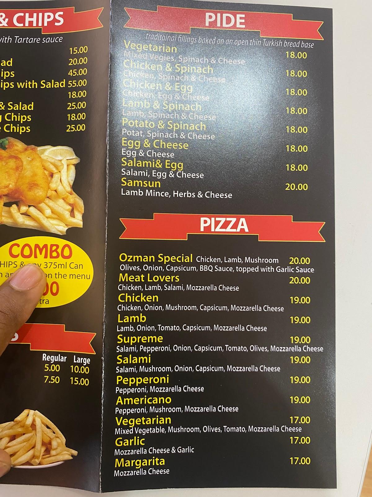 Menu at Ozman Kebab’s restaurant, Newman