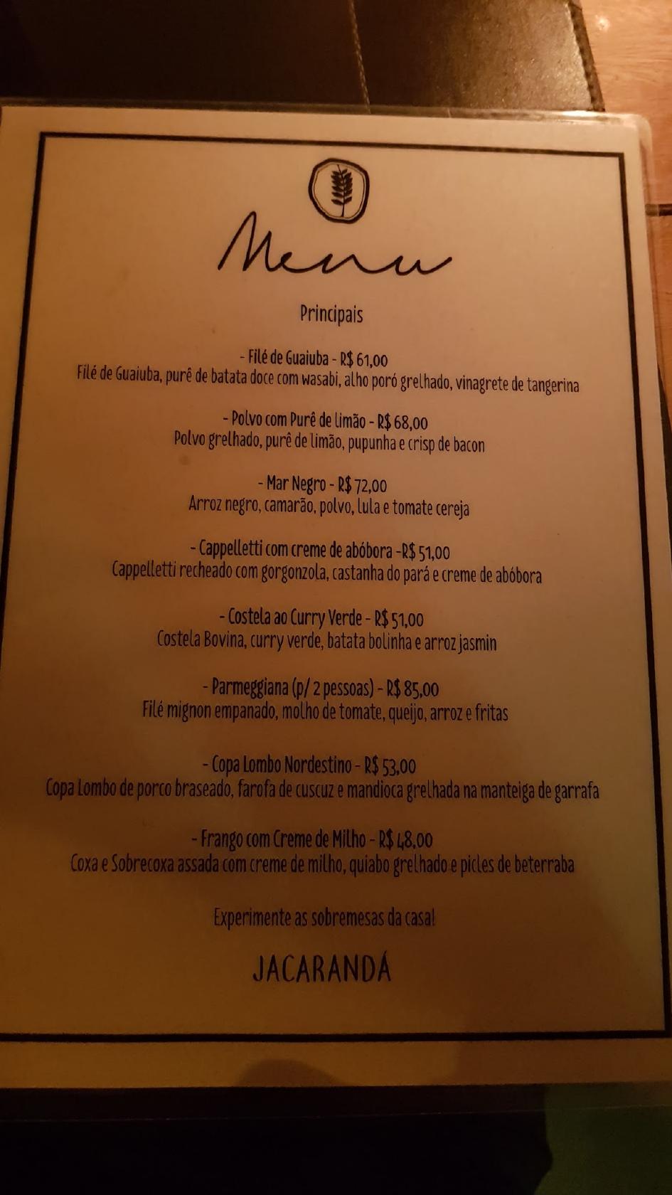 Menu em Jacarandá da Bahia restaurante, Caraíva