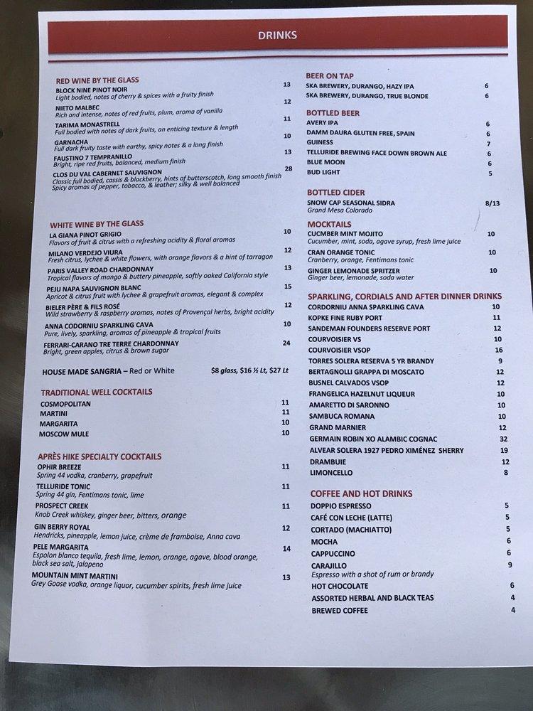 Menu at The Village Table restaurant, Telluride