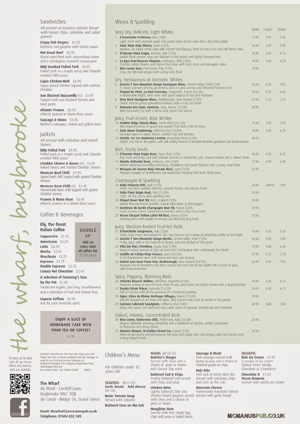 Menu at The Wharf pub & bar, Bugbrooke, Cornhill Lane