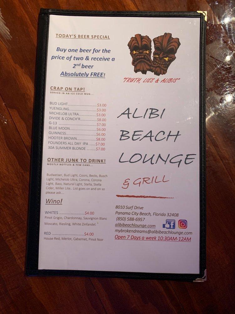 Menu at The Alibi Beach Lounge & Grill pub & bar, Panama City Beach