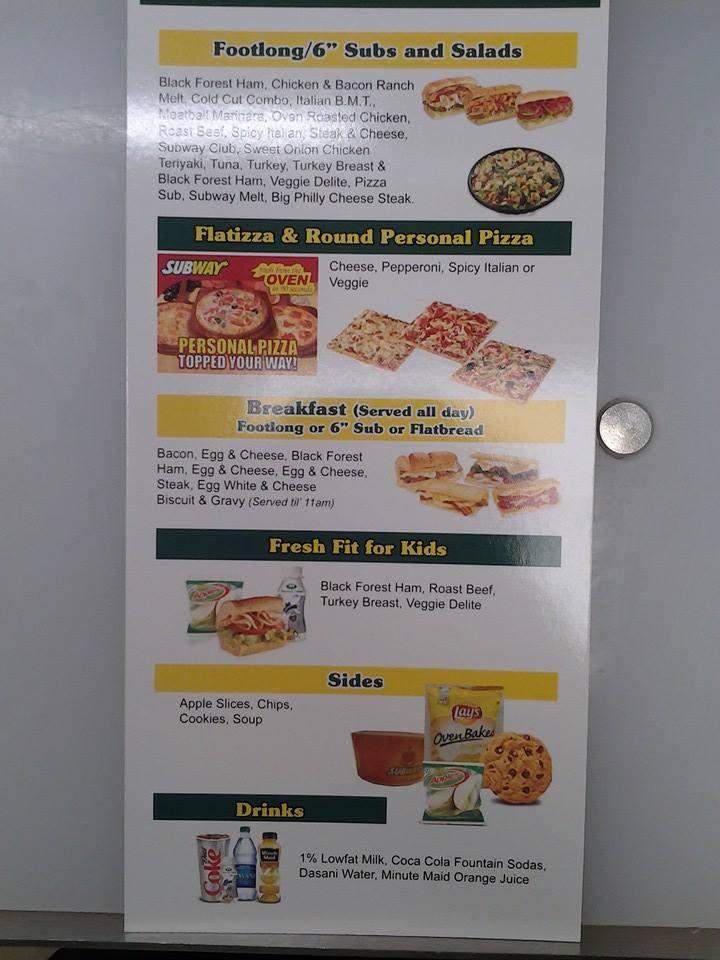 Menu at Subway fast food, Cosby, Hooper Hwy