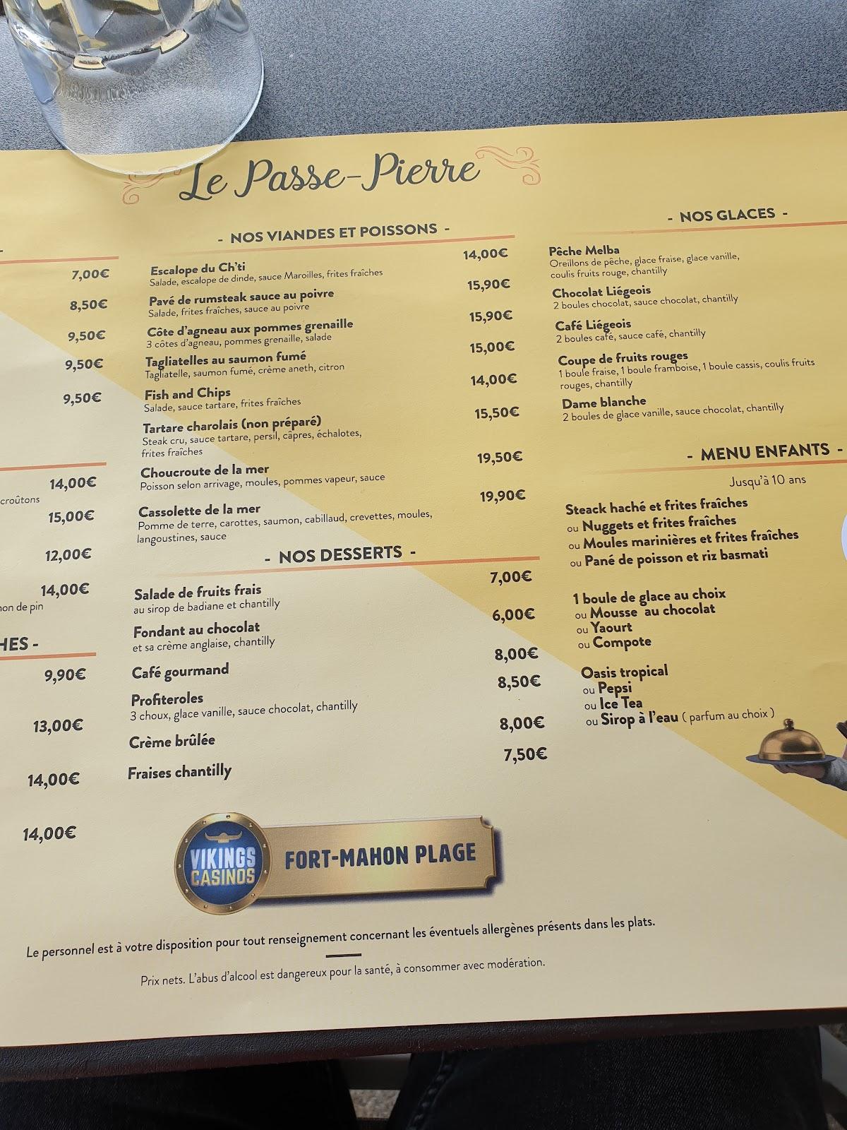 Menu at Le Passe Pierre restaurant, Fort-Mahon-Plage