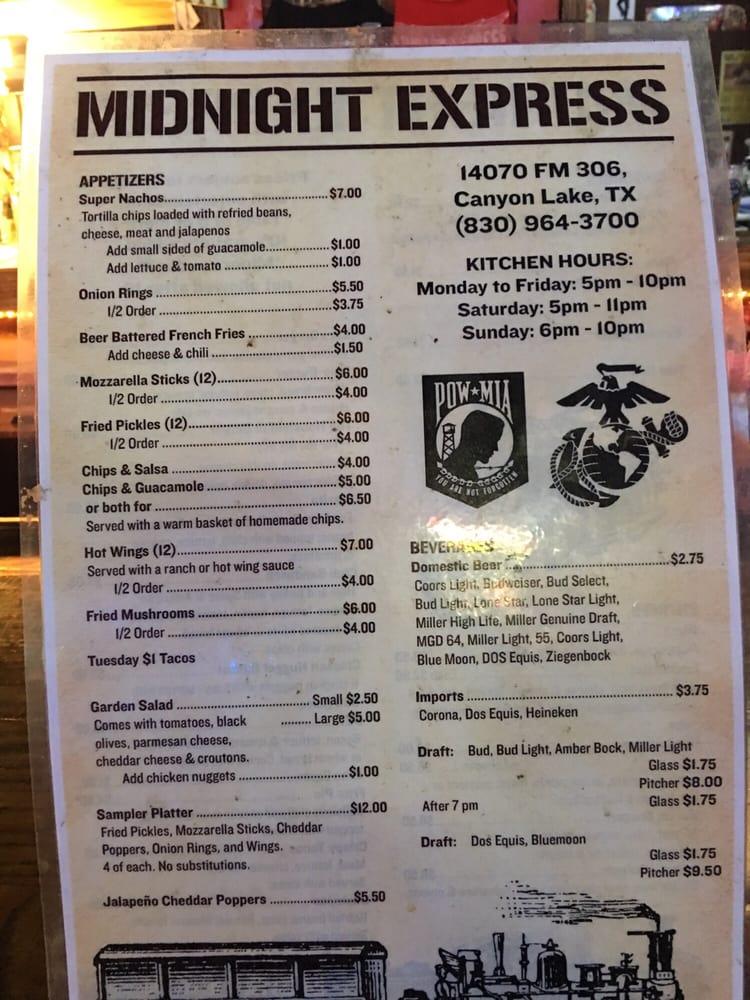 Menu at Midnight Express pub & bar, Canyon Lake