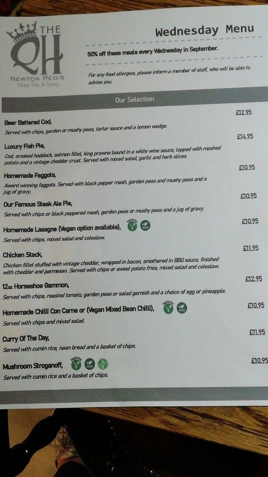 Menu at The Queens Head pub & bar, Polesworth, Main Rd