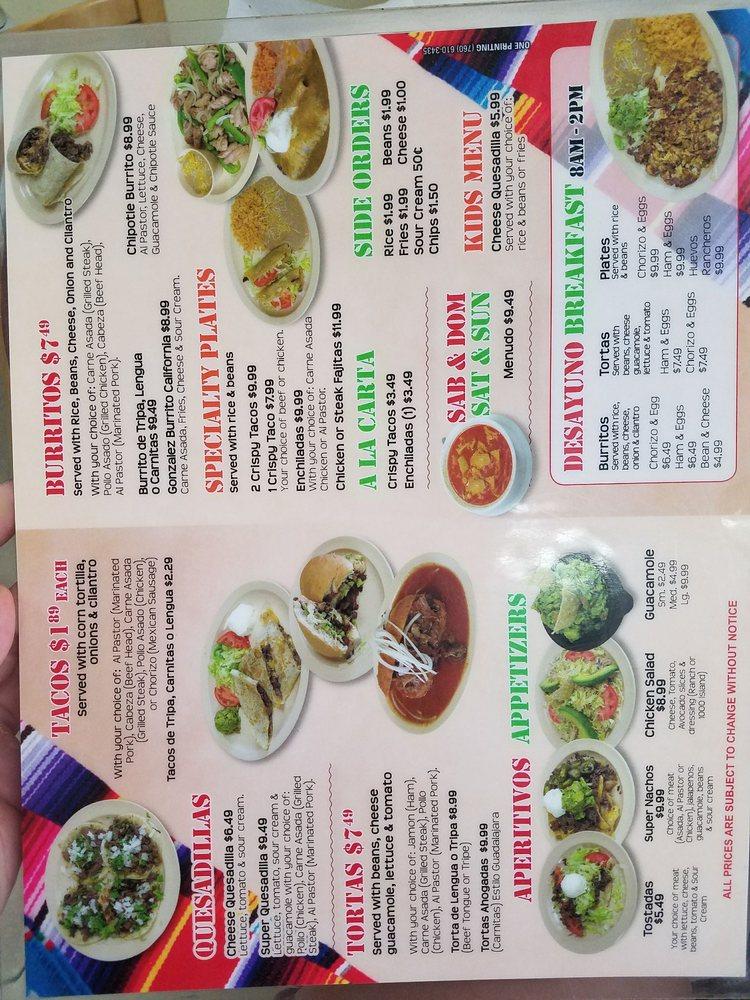 Menu at Tacos Gonzalez restaurant, Indio