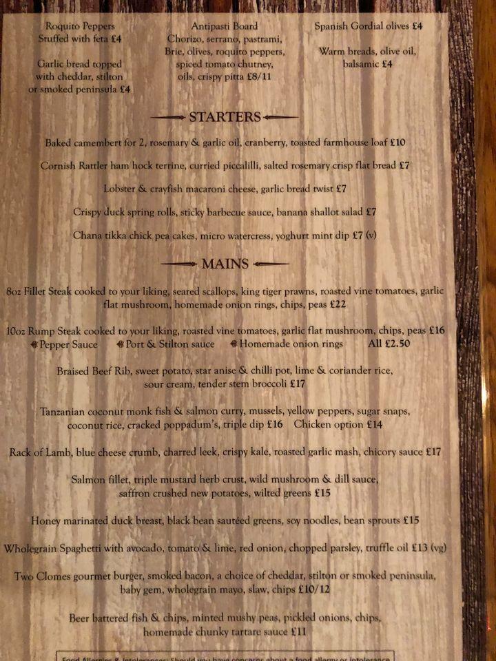 Menu at The Two Clomes pub & bar, Newquay