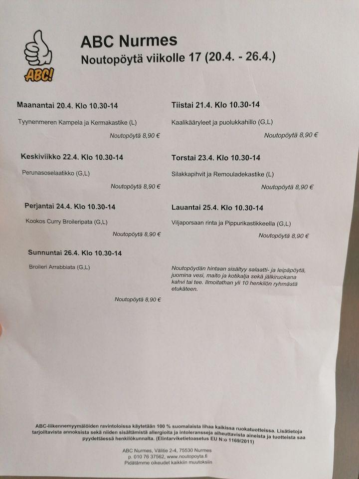 Menu at ABC Kahvila restaurant, Finland, Välitie 2-4