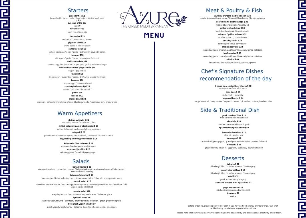 Menu at Azure The Greek Mediterranean restaurant, Morristown