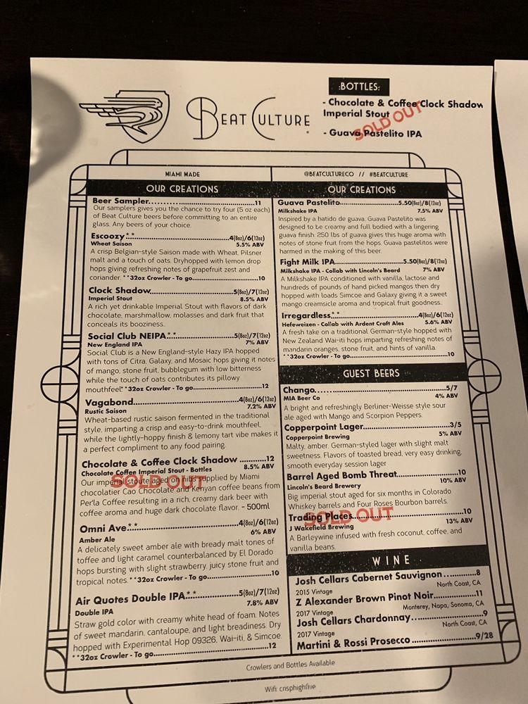 Menu at Beat Culture Brewery & Kitchen, Miami