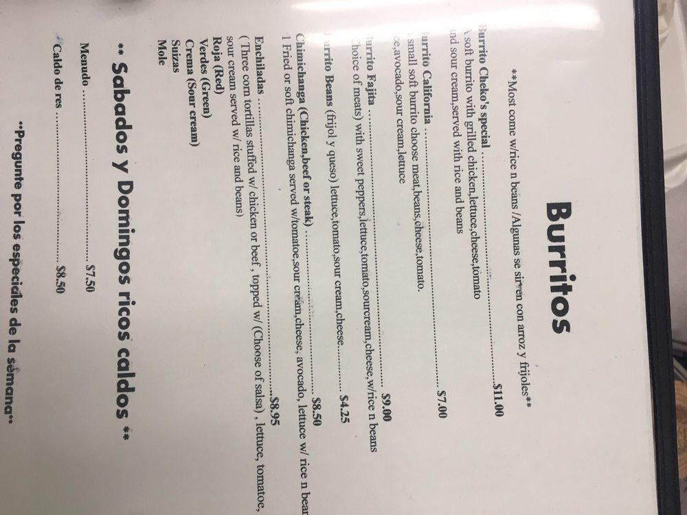 Menu at Don Checko's Mexican restaurant, Chambersburg