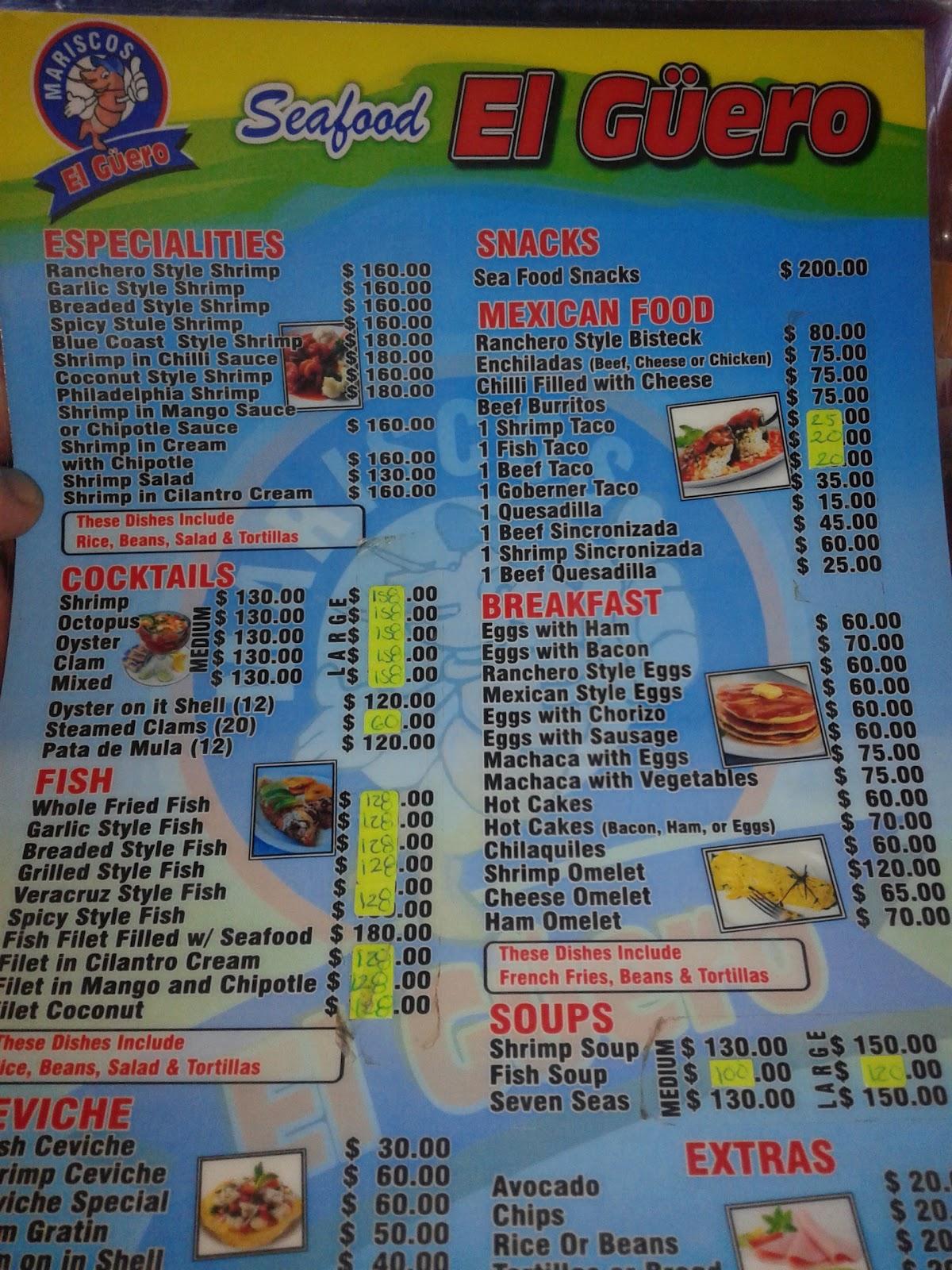 Carta del restaurante El Guero, San Felipe