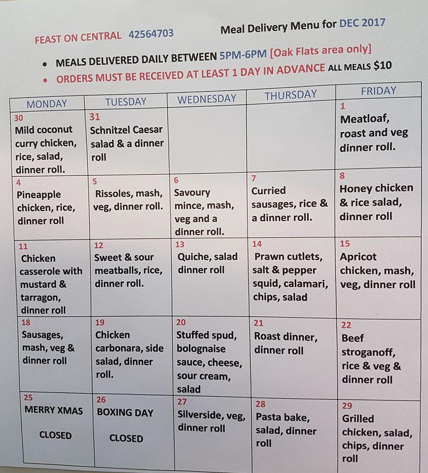 Menu at Feast on Central fast food, Oak Flats