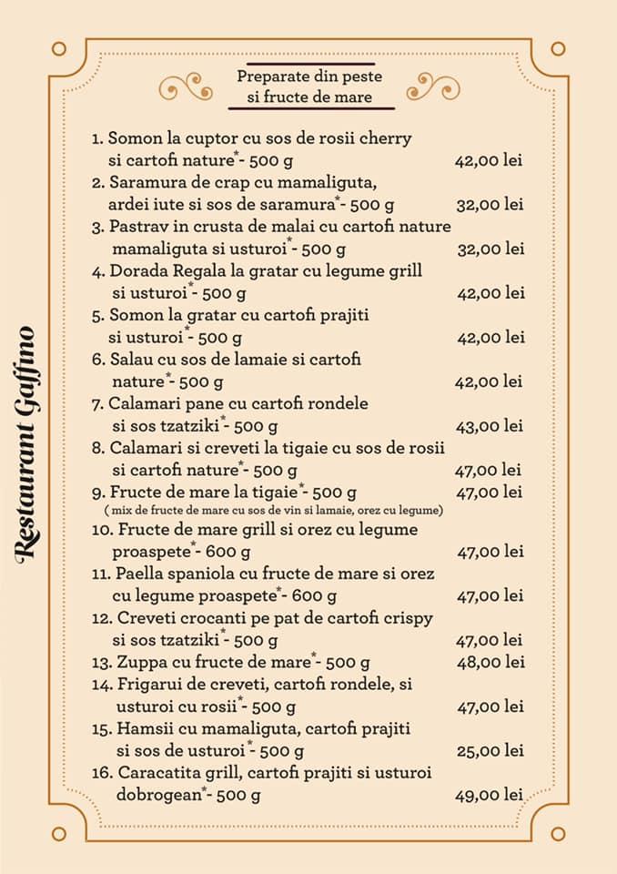 Menu at Gafino, Galați