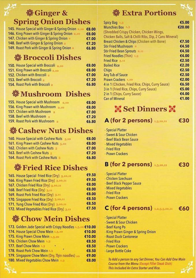 Menu at Golden Jade restaurant, Waterford, Dunmore Rd
