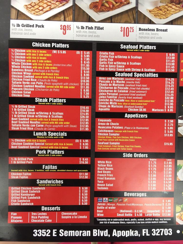 Carta del restaurante La Granja, Apopka