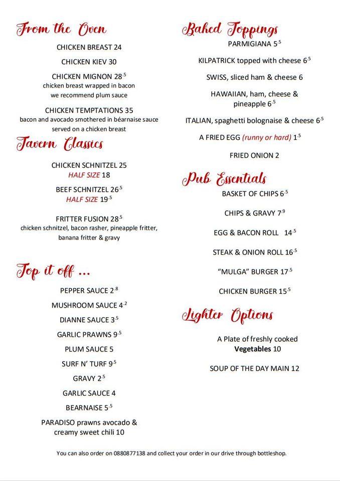 Menu at Mulga Hill Tavern restaurant, Broken Hill
