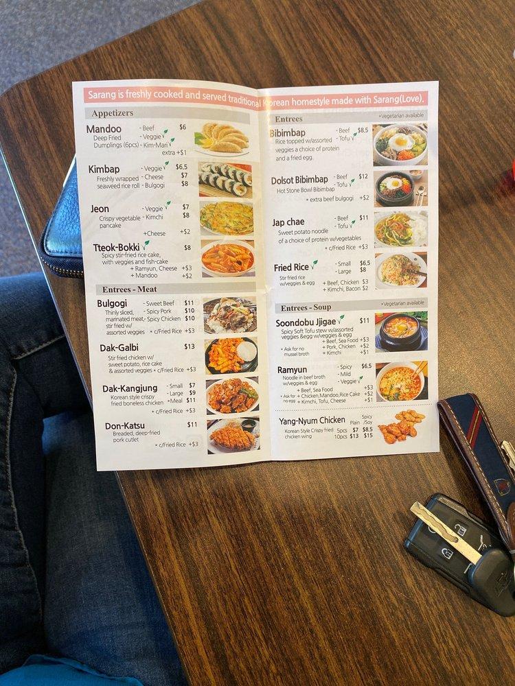 Menu at Sarang restaurant, Louisville