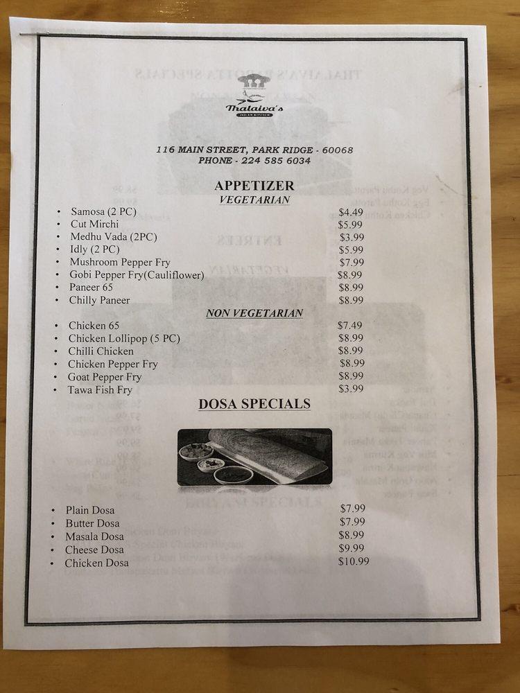 Menu at Thalaiva's Indian Kitchen restaurant, Park Ridge
