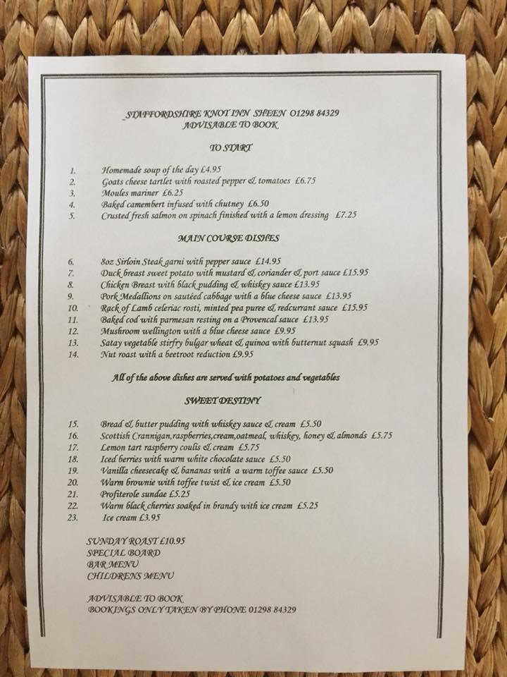 Menu at The Staffordshire Knot pub & bar, Hartington