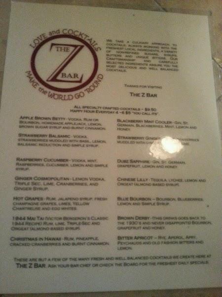 Carta de The Z Bar, Reno