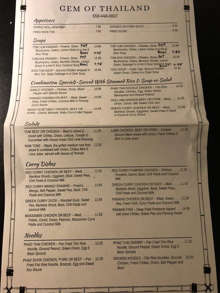 Menu at A Gem of Thailand restaurant, Fresno