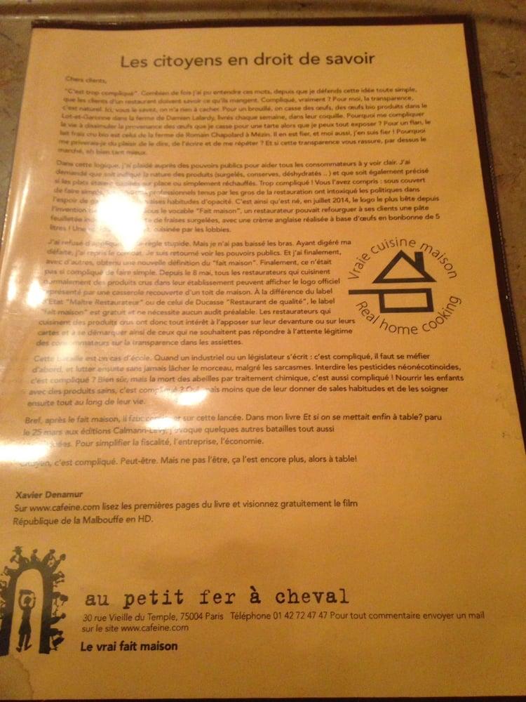 Menu at Au Petit Fer à Cheval restaurant, Paris
