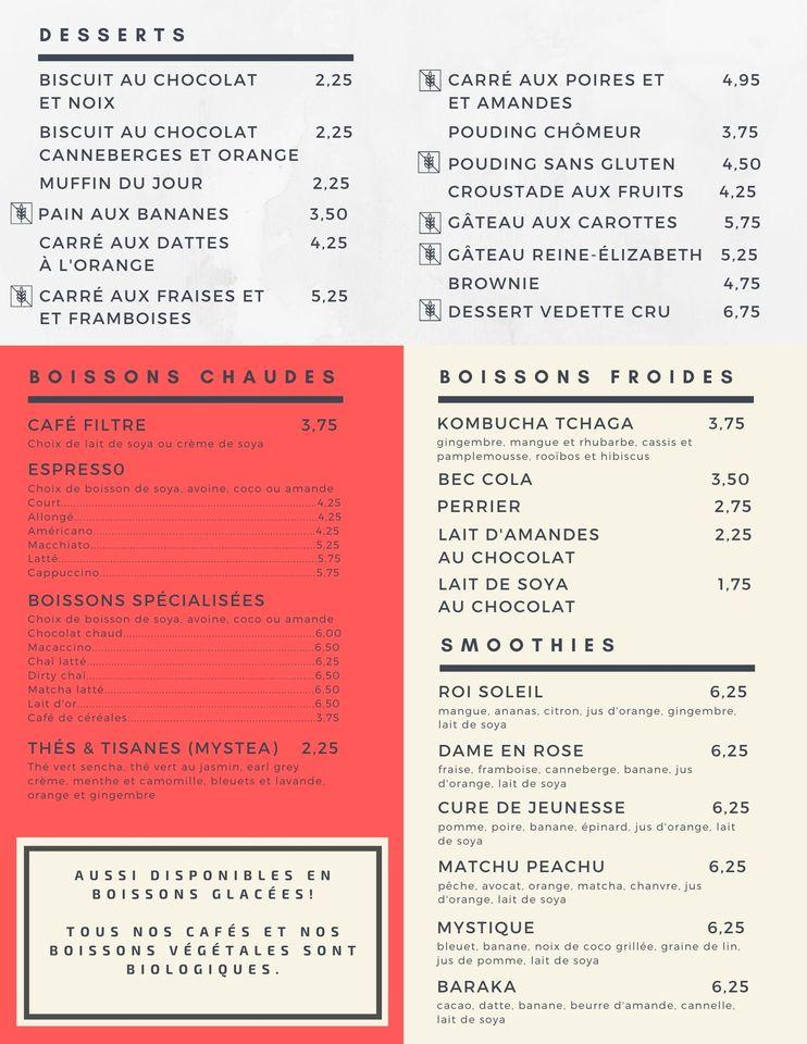 Menu au Café Créatif Au Croquis, Sherbrooke