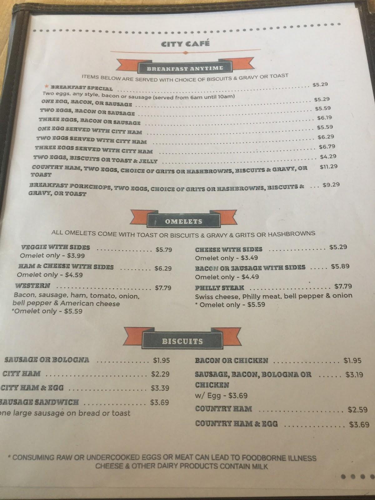 Menu at City Cafe, Munford