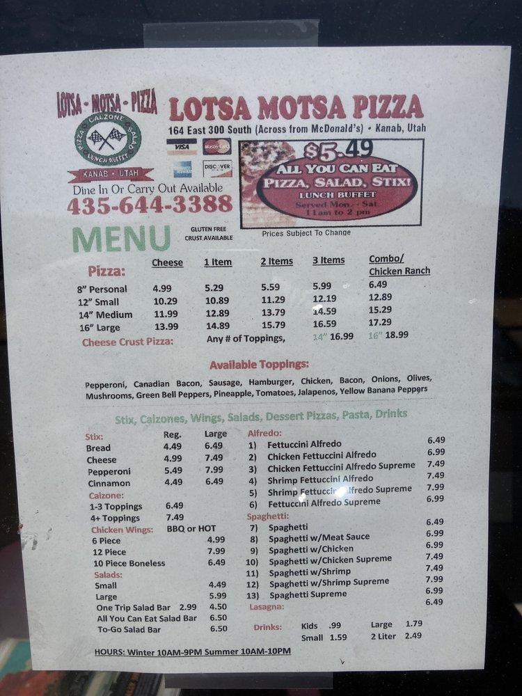 Menu at Lotsa Motsa Pizza pizzeria, Kanab