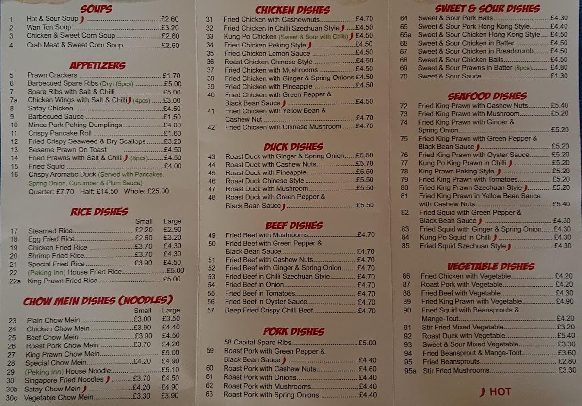 Menu at Peking Inn fast food, Croydon, 122 Headley Dr