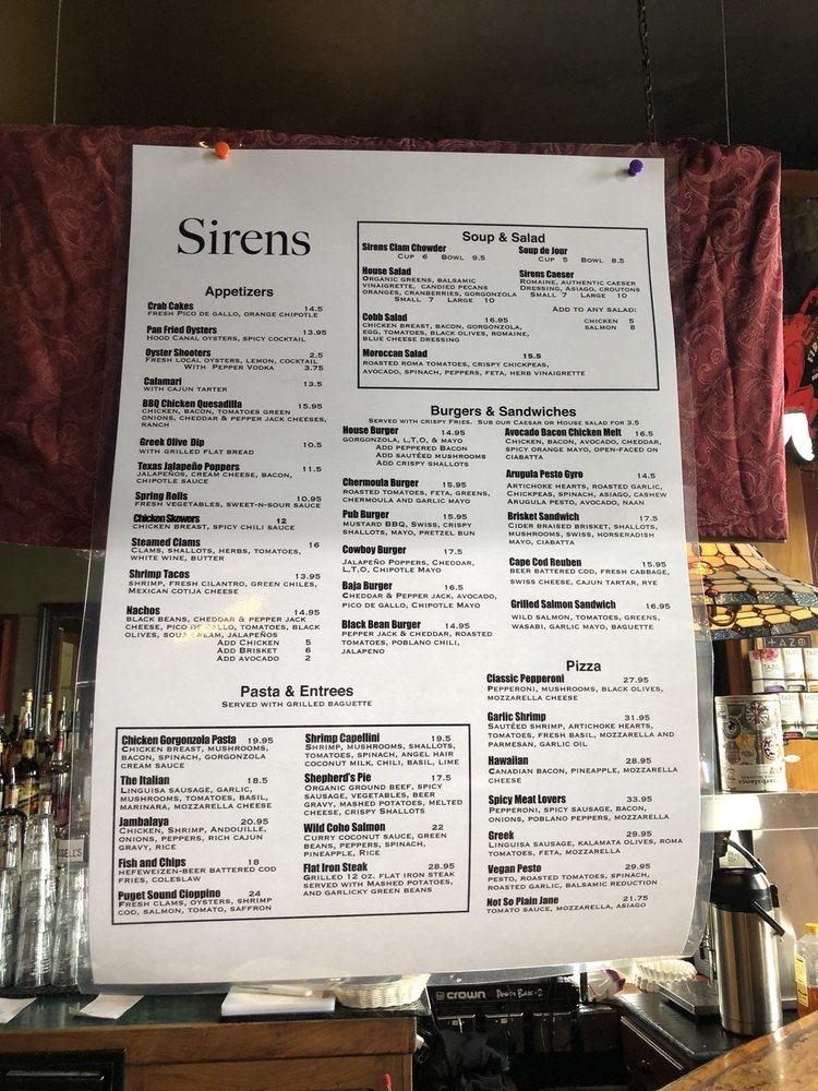 Menu at Sirens Pub, Port Townsend