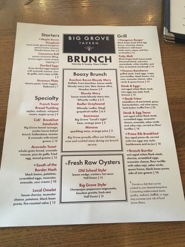 Menu at Big Grove Tavern pub & bar, Champaign