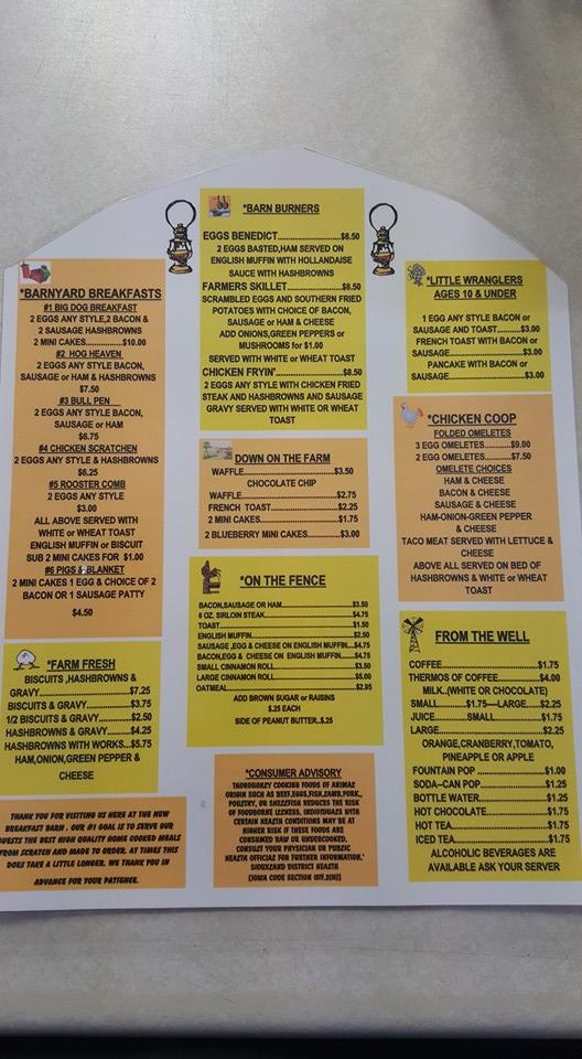 Menu at Breakfast Barn (formerly Keglers), Spirit Lake
