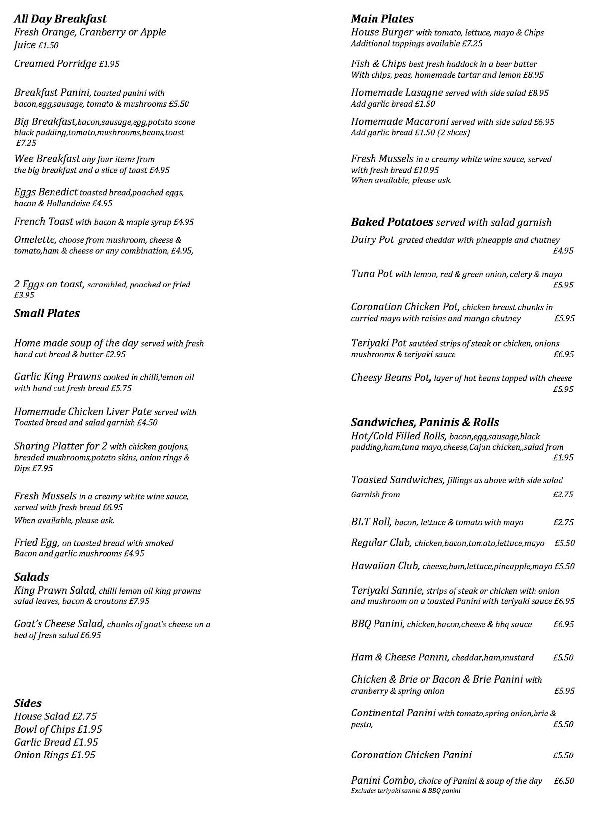 Menu at Cafe At Kilcreggan, Rosneath, 1/1 Princes Terrace