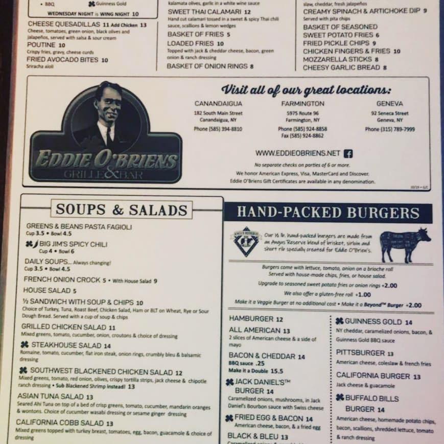 Menu at Eddie O'Briens Grille and Bar, Geneva