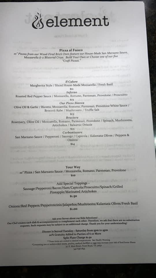 Menu at Element pub & bar, Front Royal, 317 E Main St