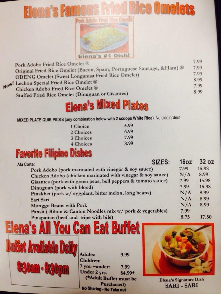 Menu at Elena's Restaurant, Waipahu, Tropicana Square Shopping Center