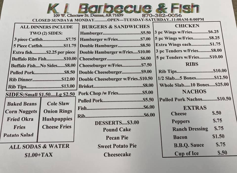 Menu at KI BBQ and FISH, Dumas